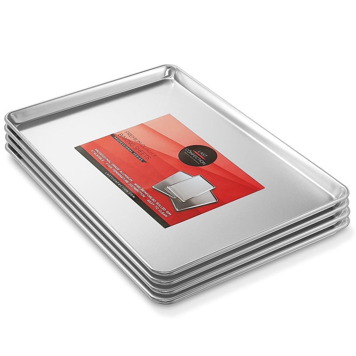 Last Confection 18" x 26" Commercial Grade Baking Sheet Pans, 4 Pack - Aluminum Full-Size Rimmed Cookie Sheet Trays