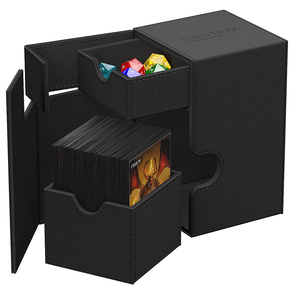 Ultimate Guard Flip 'n' Tray 100+, Deck Case for 100 Double-Sleeved TCG Cards + Dice Tray, Black, Independent Magnetic Closure & Microfiber Lining