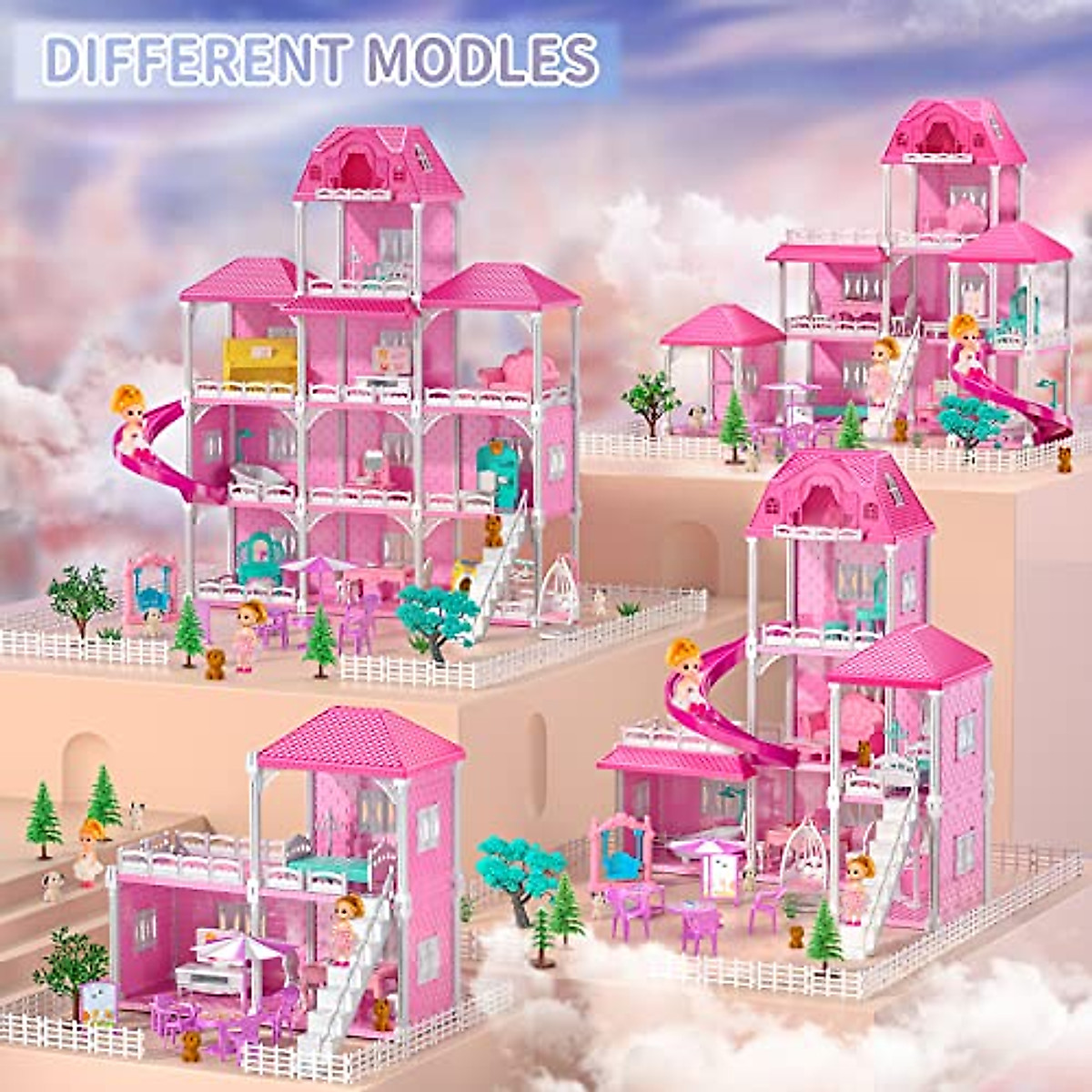 TEMI Dream Doll House for 3 4 5 6 7 8 Year Old Girls Toy - 4-Story 10 Rooms Dollhouse 7-8 with 2 Toy Figures, Furniture and Accessories, Pretend Play House for Kid Ages 3+