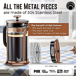 coffee press French Press Coffee Maker with 2 Extra Screens, 34oz, French Press Stainless Steel 304 Grade, Easy Disassemble Design Double Filter, Thick Heat Resistant Glass Pot (Copper)