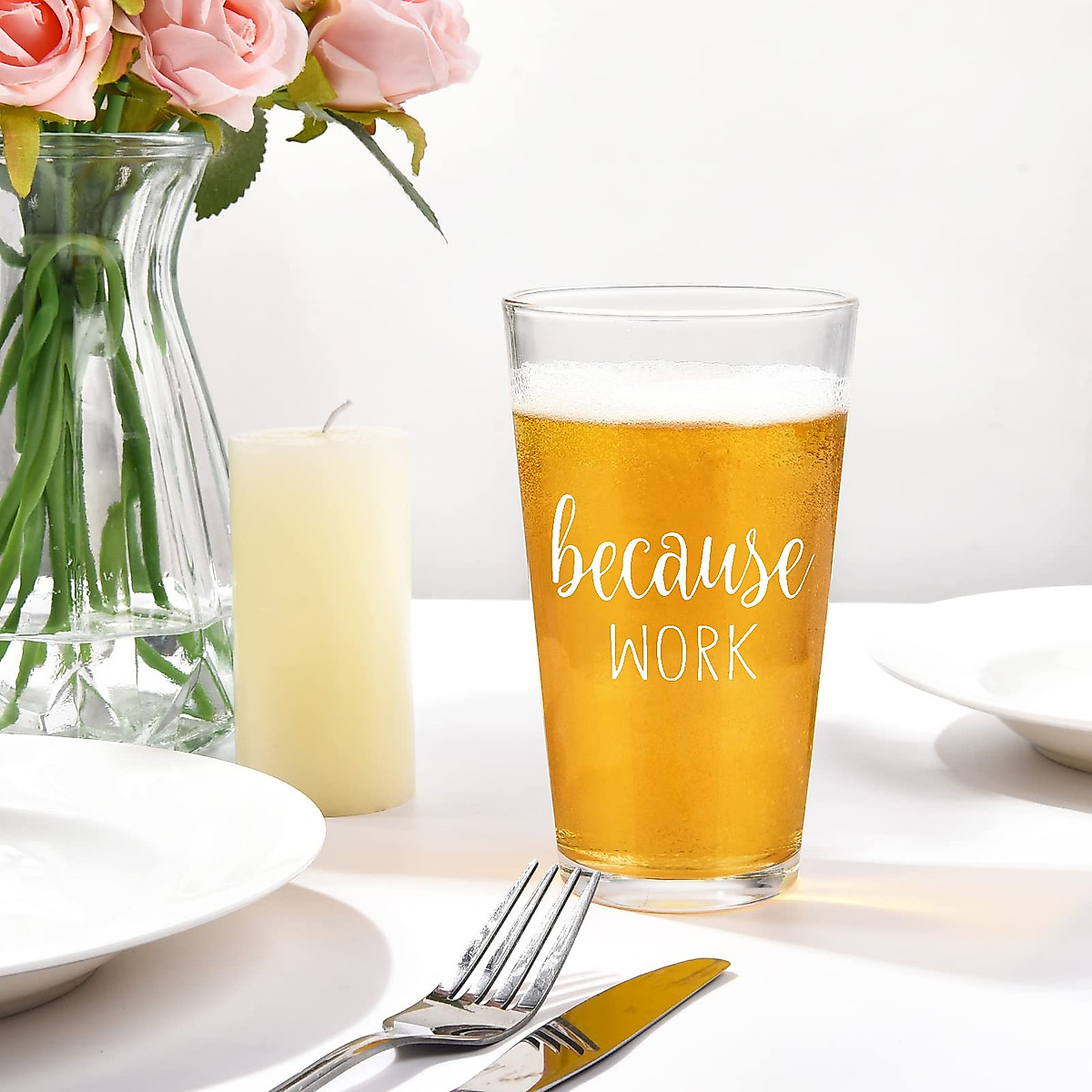 DAZLUTE Coworker Gift, Because Work Beer Glass, Funny Boss Day Gift Office Gift Christmas Gift Birthday Gift for Coworker Boss Friends Women or Men Employee Staff, 15Oz Coworker Beer Pint Glass