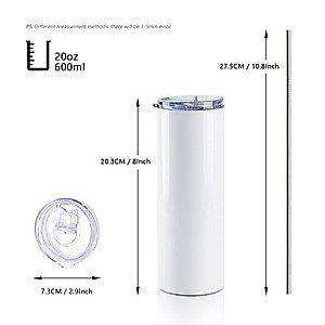 Sublifun Sublimation Tumbler Blanks,20oz White Straight Skinny Tumbler Bulk,4 Pack Stainless Steel Double Walled Tumbler with Lid and Metal Straw,High-quality coating for Tumbler Press Machine Print