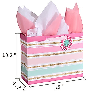 SUNCOLOR 13" Large Gift Bags for Birthday Party with Tissue Paper(2 Pack, Flower with Happy Birthday)