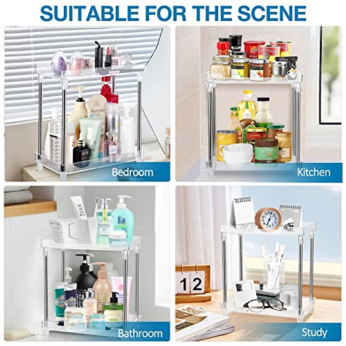 KPX Bathroom Makeup Organizer, Acrylic Cosmetics Storage Holder Rack Kitchen Utility Vanity Countertop Shelves for Room Organizers, Make Up, Home School, Dorm Room Office Essentials-Large(2-Tier)