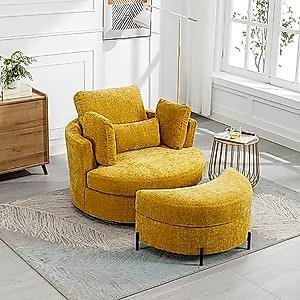 360° Swivel Accent Barrel Chair and Half Crescent Moon Storage Bench Large Ottoman with 4 Pillows,Upholstered Oversized Leisure Round Loveseat Recliner Sofa Chaise Lounge Circle Armchair for Club