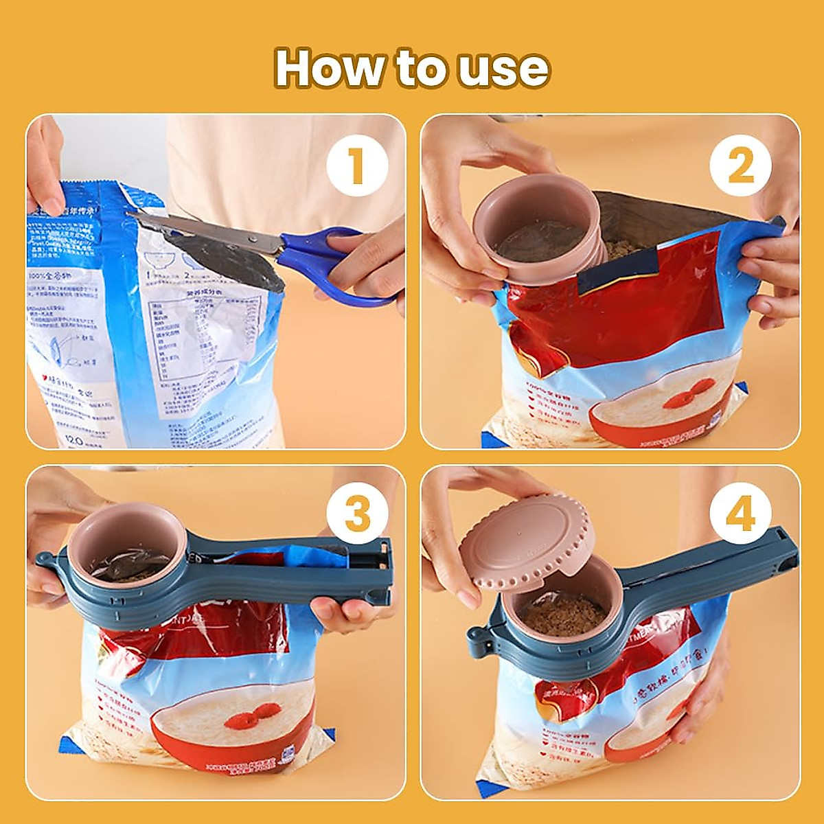 Seal and Pour Bag Clip with Pour Spout & Lid 2025 New Food Bag Clips with Pour Spout, Wide Mouth Food Storage Sealing Clips, Snack Clips that Pour, Bag Pouring Clip with Pour Spout (Style1)