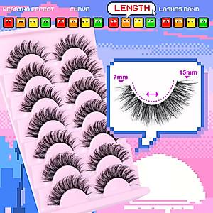 Goddvenus Fluffy Mink False Eyelashes, 7 Pairs D Curve Wispy Cat Eye, Soft Faux Mink Lashes with Clear Band, Reusable False Eyelashes for Daily Beauty