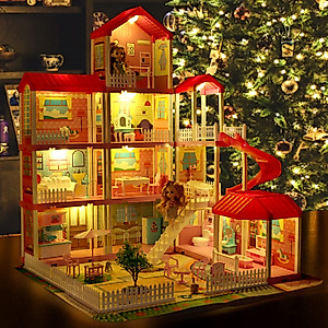 HCFJEH Dollhouse Play House for Girl, Doll House with Lights & Two Dolls & Furniture Accessories, Toddler DIY Princess House Playhouse Pretend Set Toy, Birthday Gift for 3 4 5 6 7 Year Old(11 Room)