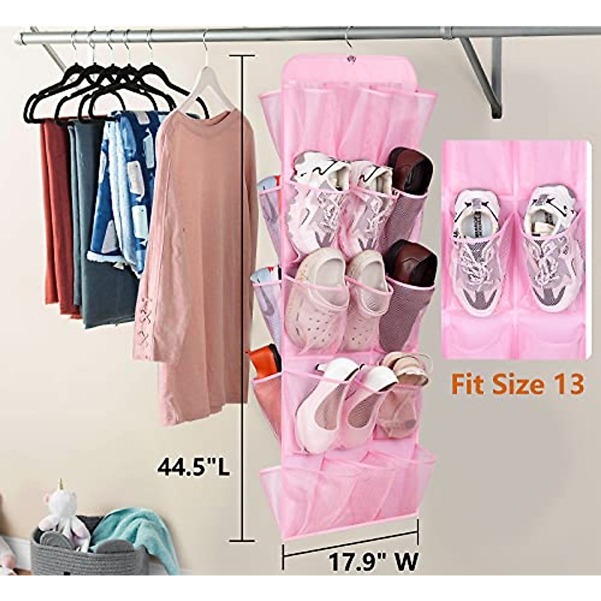 AOODA Hanging Kids Shoe Organizer for Closet Rod Double Sided 30 Large Pockets Baby Shoe Rack for Toddler Shoe Holder With Rotating Hanger For Barbie, Baby Nursery, (Pink)