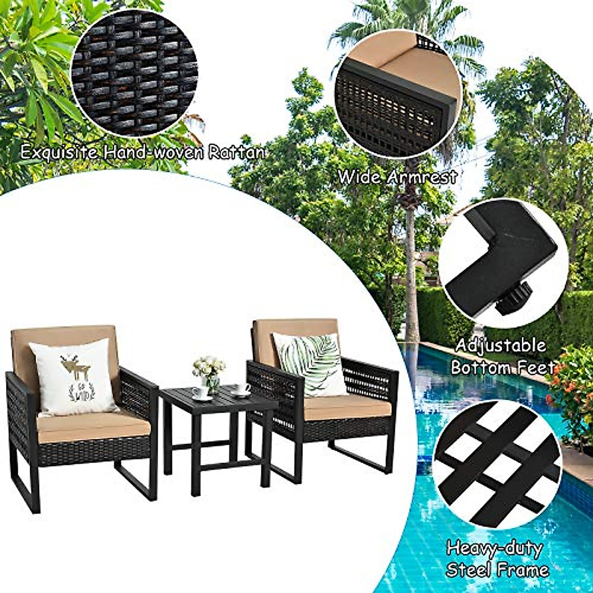RELAX4LIFE 3-Piece Patio Furniture Set - Wicker Rattan Sofa Set, Bistro Set with Coffee Table, Seat & Back Cushions, Outdoor Conversation Set for Garden, Backyard, Poolside