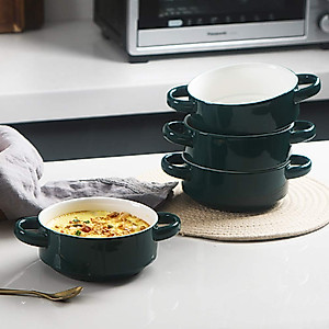 Sweejar Ceramic Soup Bowls with Double Handles, 20 Oz Stacked Bowls for French Onion Soup, Cereal, Pot Pies, Stew, Chill, Pasta, Set of 4 (Jade)