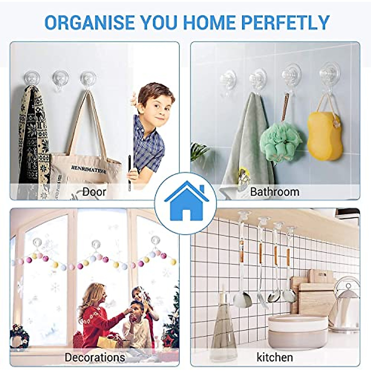 Suction Cup Adhesive Hooks - Quntis 2 Pack Large Suction Adhesive Hooks Heavy Duty Clear Shower Hooks Kitchen Bathroom Window Wall Hooks for Hanging Towel Bathrobe Loofah Sponge Christmas Wreath Key