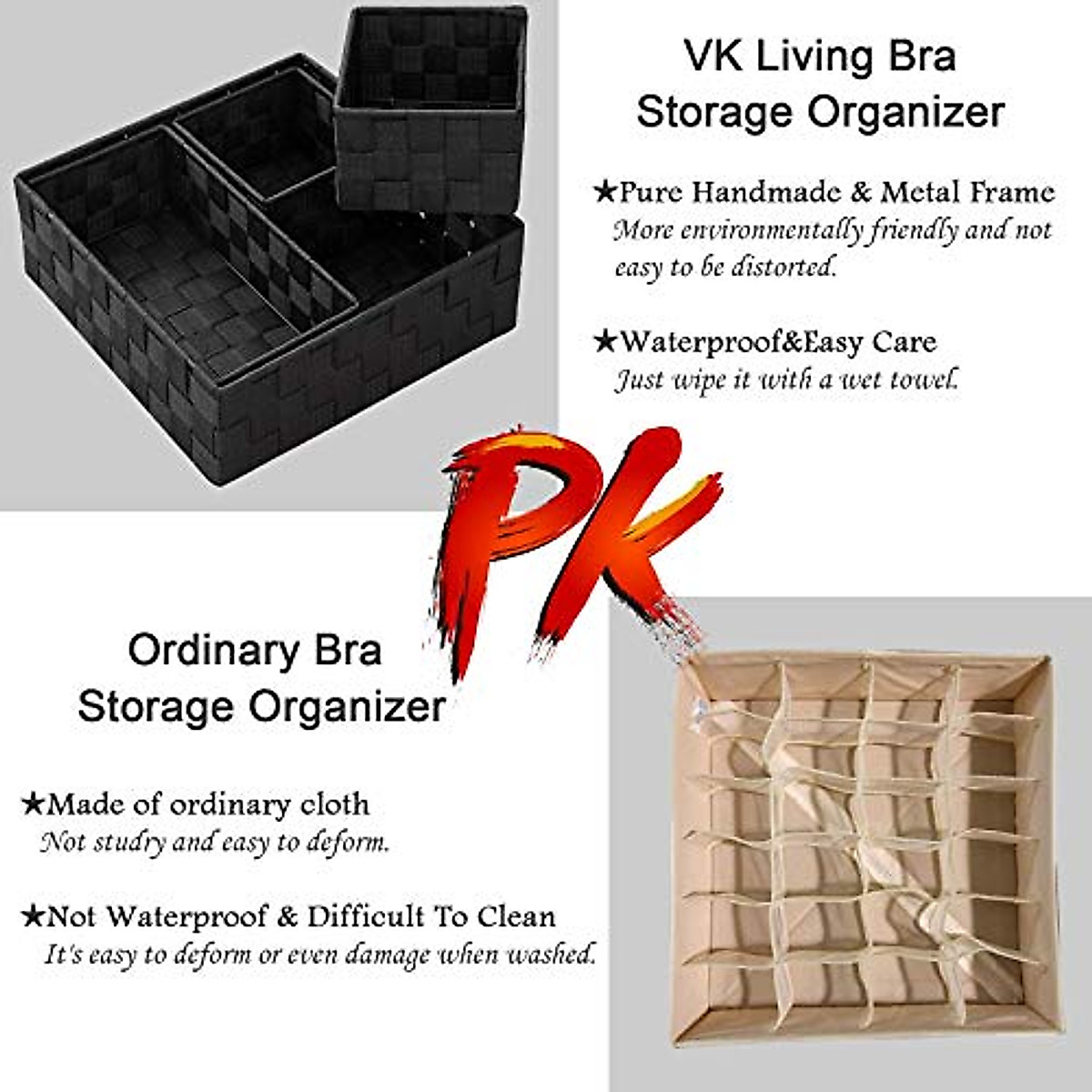 VK Living Woven Storage Box Basket Bin Container, Woven Strap Basket, Nylon Woven Box Basket, Underwear Bra Storage Organizer Divider for Drawer, Dresser, Closet, Black, Set of 4