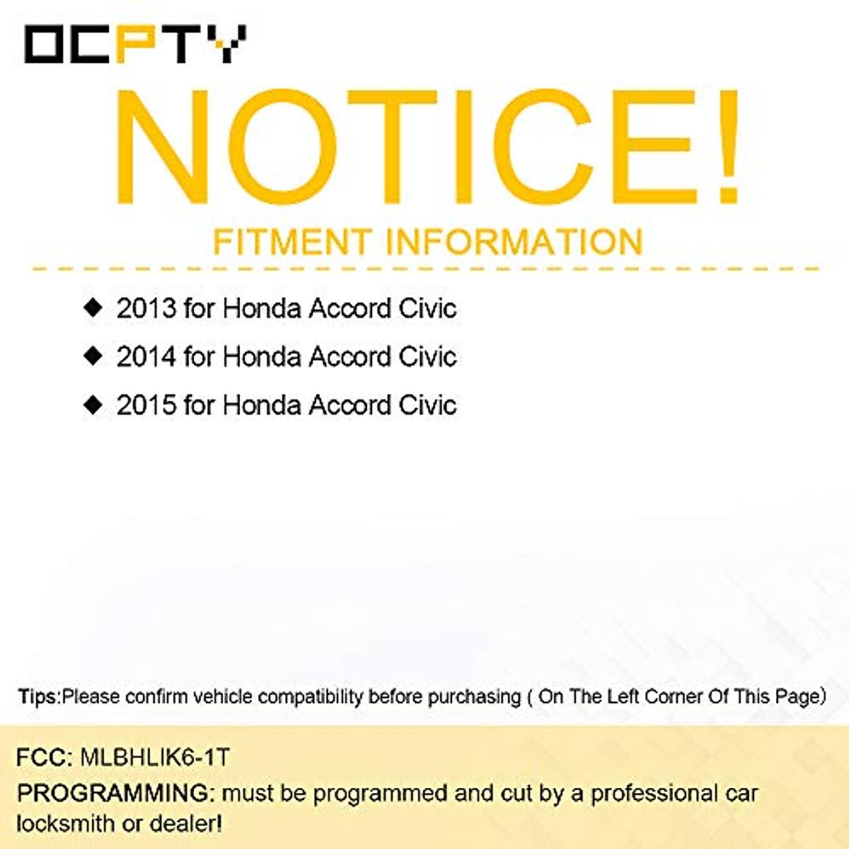 OCPTY 1X Uncut Keyless Entry Remote Control Key Fob Transmitter Replacement for Honda for Accord for Civic 1.8L 2.4L 13-15 MLBHLIK6-1T