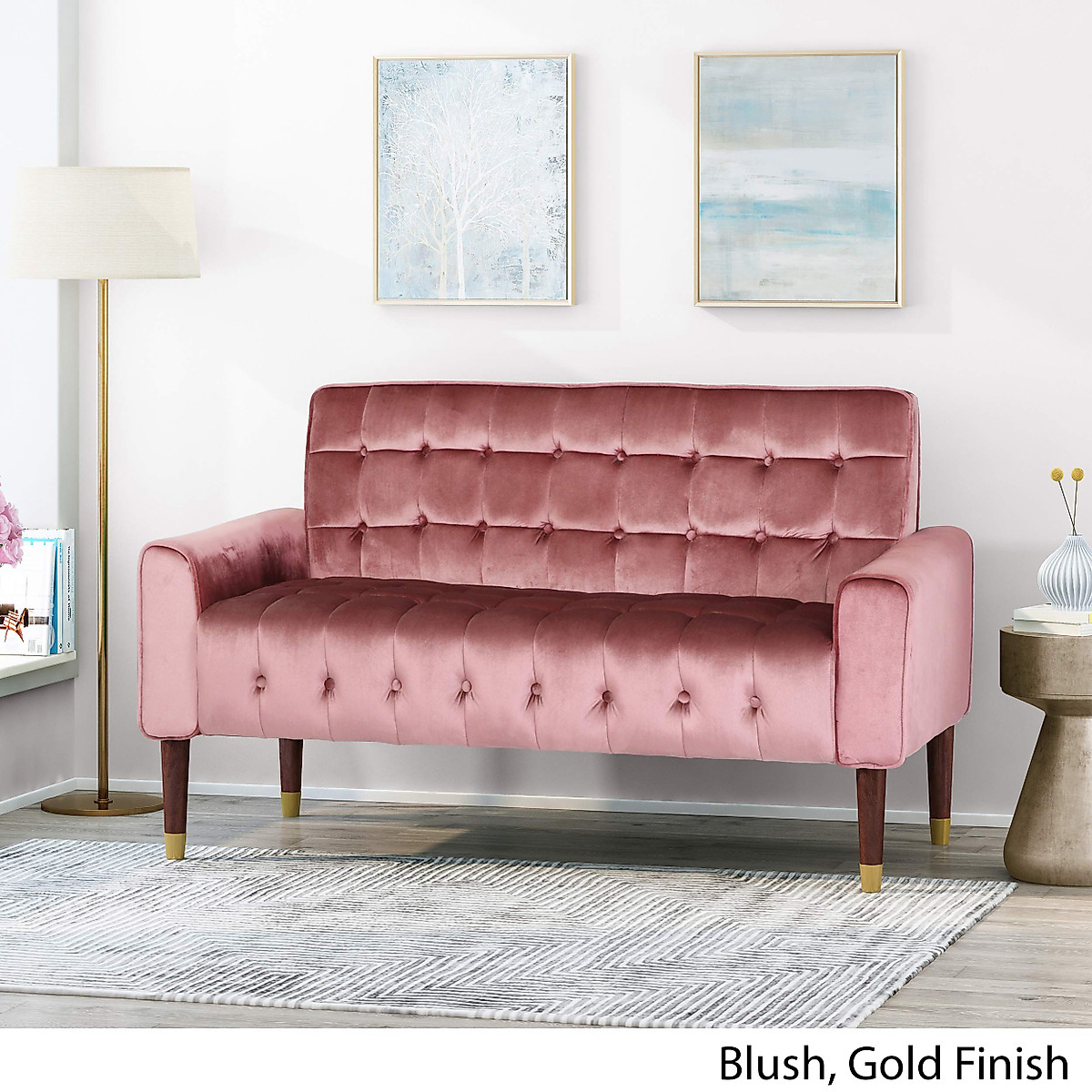 Christopher Knight Home Aubrie Tufted Velvet Loveseat Tipped Tapered Legs, Blush and Gold Finish