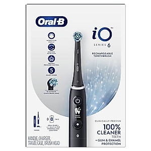 Oral-B iO Series 6 Rechargeable Electric Toothbrush with Visible Pressure Sensor to Protect Gums, 2 Minute Timer, 5 Cleaning Settings, 1 Replacement Toothbrush Head, and Travel Case, Black