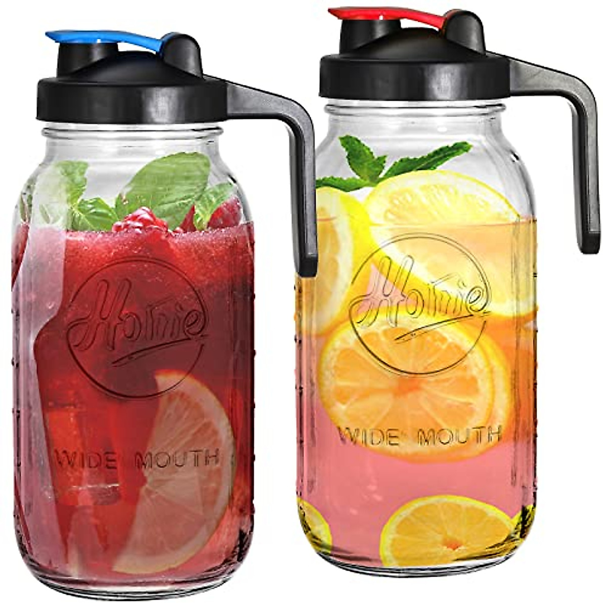 Tebery 2 Pack Wide Mouth Half Gallon Glass Mason Jar Pitcher with Handle Lids, 64Oz Water Carafe Jug Juice Mixing Pitcher for Iced Tea, Sun Tea, Lemonade, Coffee
