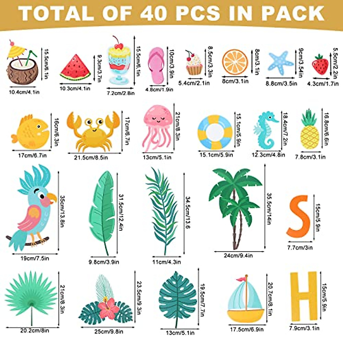 40-Piece Cut-Outs Summer Beach Theme, Summer Beach Sea Creatures Hello Summer Cut-Outs with 80Pcs Glue Point Dots for Classroom Bulletin Board Learning Activities Tropical Luau Hawaiian Decorations