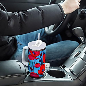 ODAWA 40oz Red Poppies Blue Insulated Tumbler Cup with Handle and Straw Lid, Vacuum Insulated Tumbler