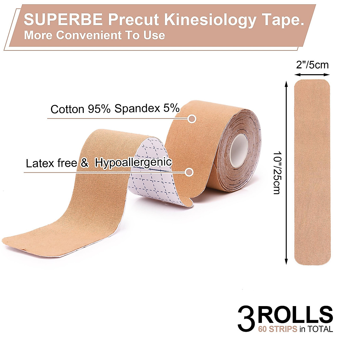 SUPERBE K Athletic Tape, Kinesiology Tape Precut - Premium Kinesthetic Tape for Muscles Knee Shoulder Elbow, 2 Inch x 16.5 feet (3 Rolls Pack)
