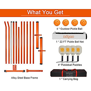 Zdgao Portable Pickleball Net Set with Paddles Set of 4, 22FT Official Size Pickleball Net, 4 Outdoor Pickleballs and Carry Bag, Weather Resistance Strong Steel Frame