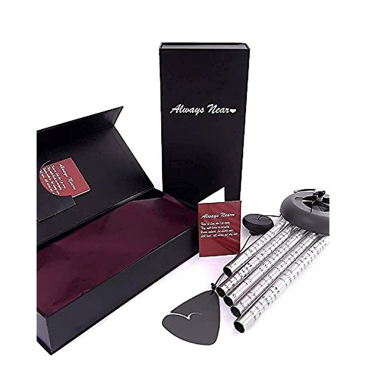 Memorial Wind Chimes Gift Set for Loss of a Loved one Silver 35" Long deep Tones Chimes Always Near Poem Remembrance/Memorial Chimes Gift Set, Sympathy Card and Gift Box Included