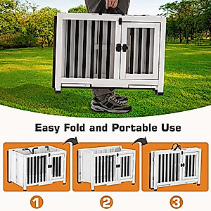 MCombo Wooden Dog Crate Furniture, Portable Foldable Dog Kennel End Table, Solid Wood Indoor Cage with Tray (Small, White and Brown)