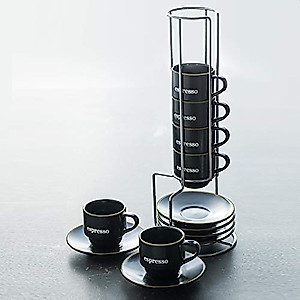 Espresso Cups with Saucers Set, 4 Ounces Demitasse Cups and Metal Stand Porcelain Coffee Cups, Stackable Mugs for Espresso Latte Cafe Mocha and Tea, Set of 6