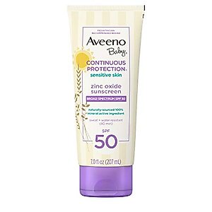 Aveeno Baby Continuous Protection Zinc Oxide Mineral Sunscreen Lotion for Sensitive Skin, Broad Spectrum SPF 50, Tear-Free, Sweat- & Water-Resistant, Paraben-Free, Non-Greasy, 7 fl. oz