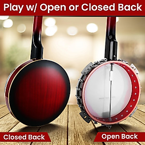 Pyle Banjo Kit with Remo Head and Sapele Resonator, 39" Full Size Traditional Open or Closed Back 5 String Instrument with 24 Brackets, Geared 5th Tuner, Premium Accessory Kit (Red Burst)