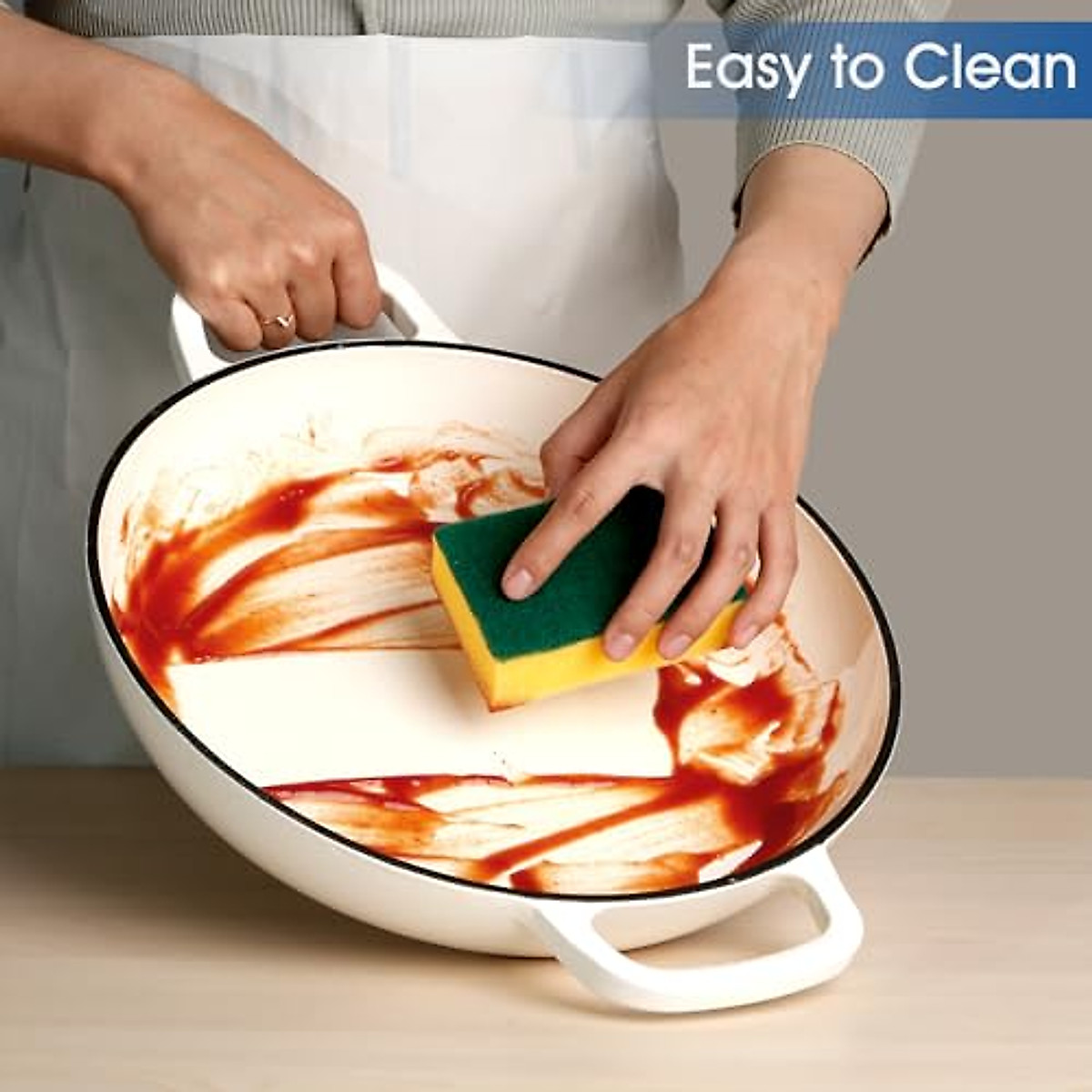 NUTRIUPS 3.6 Quart Braiser Enameled Cast Iron Dutch Oven Pot with High Borosilicate Glass Lid, Dutch Oven/Casserole Cast Iron Non Stick Larger Handle (Beige + White)