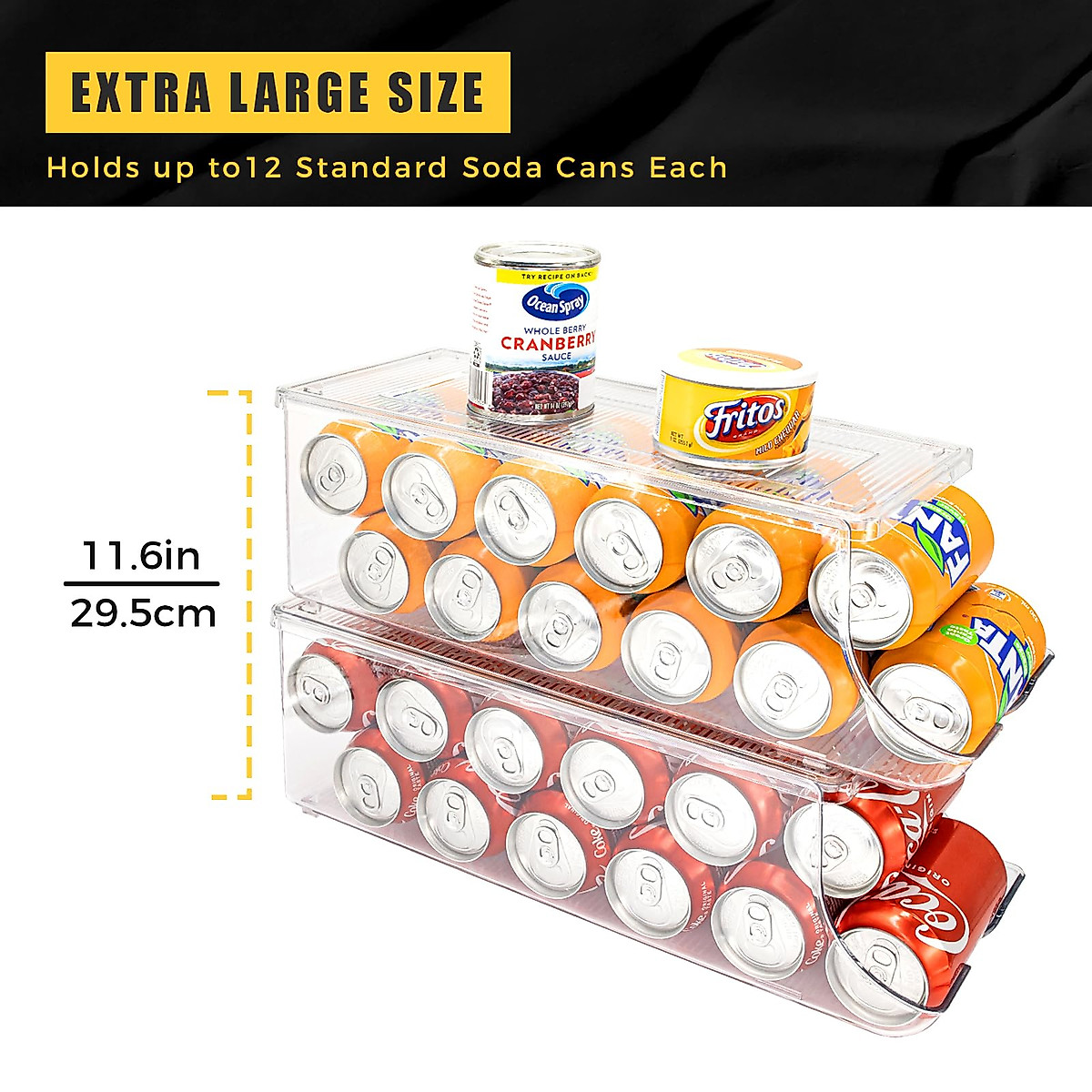 SCAVATA 2 Pack Soda Can Organizer for Refrigerator, Stackable Canned Food Pop Cans Container Can Holder Dispenser with Lid for Fridge Rack Freezer, Clear Storage Bins-Holds 12 Cans Each (Transparent)