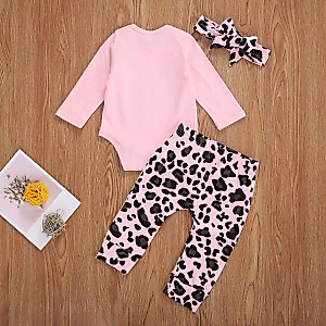 ClickMeForMoreProducts Daddy's Little Girl Newborn Baby Girl Clothes Long Sleeve Romper Leopard Pants Headband 3 Piece Outfits Set (Pink A, 0-3 Months)
