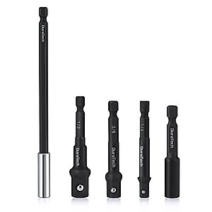 DURATECH 5-Piece Socket Adapters and Extension Bar Set - with 1/4-Inch Hex Shank - 1/4" 3/8" 1/2" Extension Adapter for Impact Drivers/Drills, Premium Cr-V Steel with Black Phosphate Finish