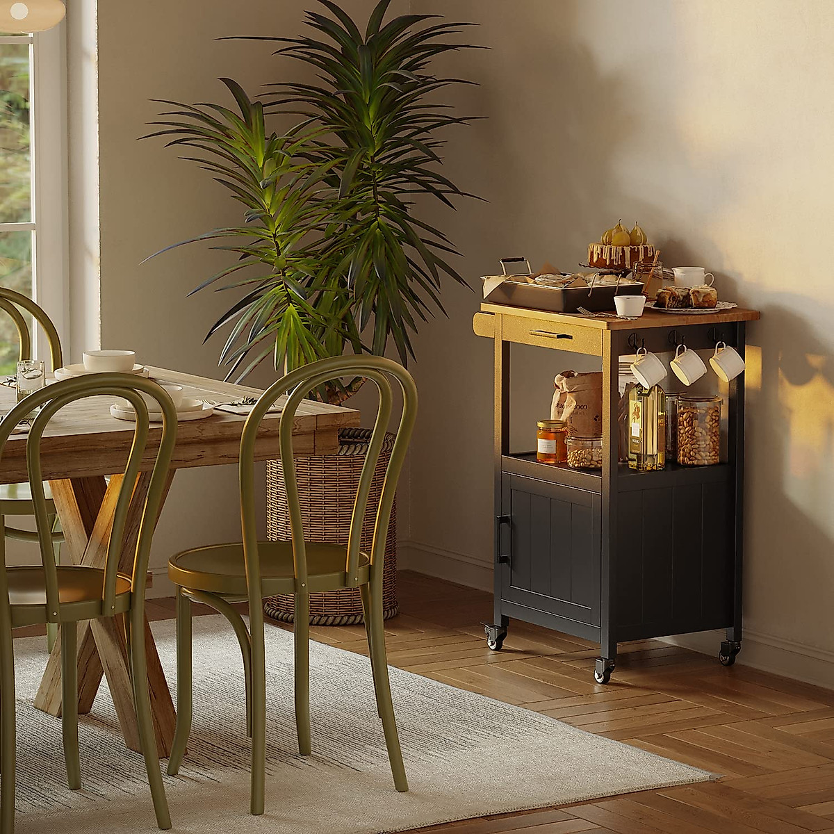 Qsun Kitchen Island Cart on Wheels with Drawer, Storage Cabinet, Shelf and Side Hook, Rolling Kitchen Cart with Rubber Wood Countertop, Microwaves Stand for Small Space, Black