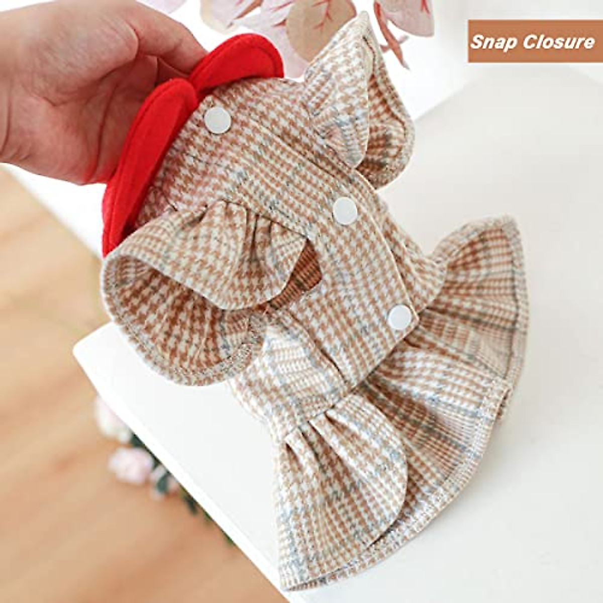 Loyalfurry Winter Dog Shirt Dress with Cute Red Doll Collar, Elegant Warm Dog Sweater Dresses with D Ring, Plaid Puppy Pet Clothes for Small Breeds (Medium, Light Brown)