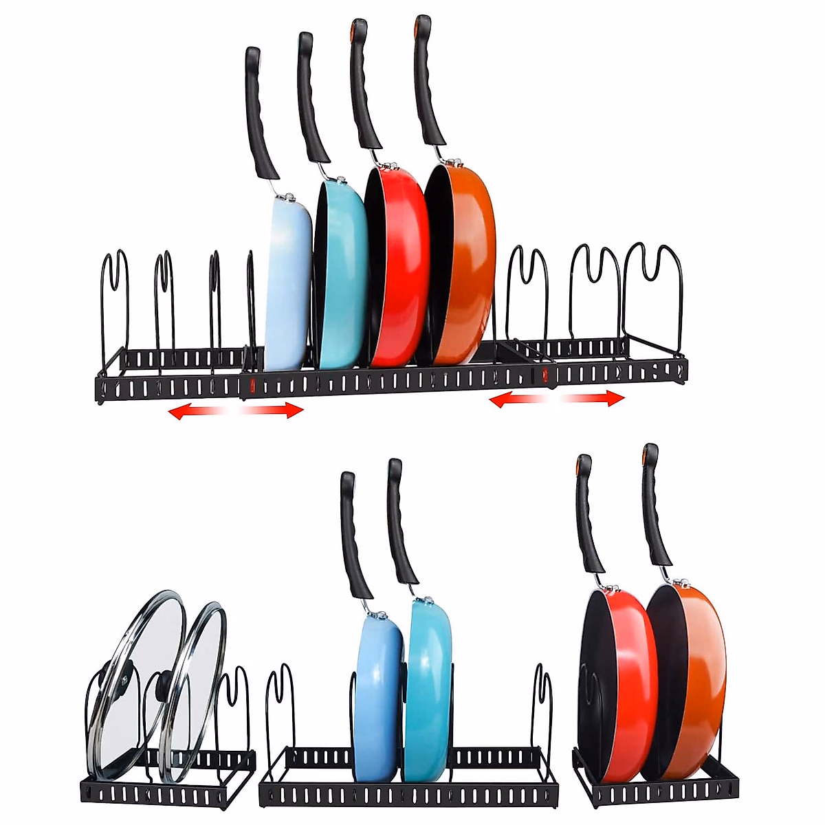 7 Dividers Pot Rack Organizer for Pot Lids Pans Adjustable Pot Organizers for Cabinets, Storage Pan lid Organizer for Dishes, Expansible Pan organizer (Black)