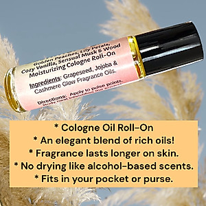Urban ReLeaf Cashmere Glow Cologne Oil Roll-On. A Romantic Blend of Golden Peaches, Lily Petals, Cozy Vanilla, Sensual Musk & Wood. Long Lasting Fragrance Oil, Moisturizing Jojoba, Alcohol-Free Scent. Made in USA. Fits in pocket. TSA approved size.