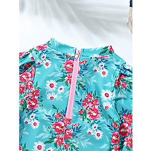 Moily Infant Baby Girls Long Sleeve Floral Ruffles One Piece Swimsuit Rash Guard Shirts Bathing Suit Blue 6-12 Months