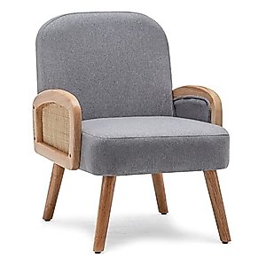KVK Mid Century Modern Accent Chair, Upholstered Chairs with Bamboo Knitting and Solid Wood Legs, Comfy Linen Fabric Armchair for Club, Living Room, Reading Room, Bedroom, Gray (WJHM-079GR)