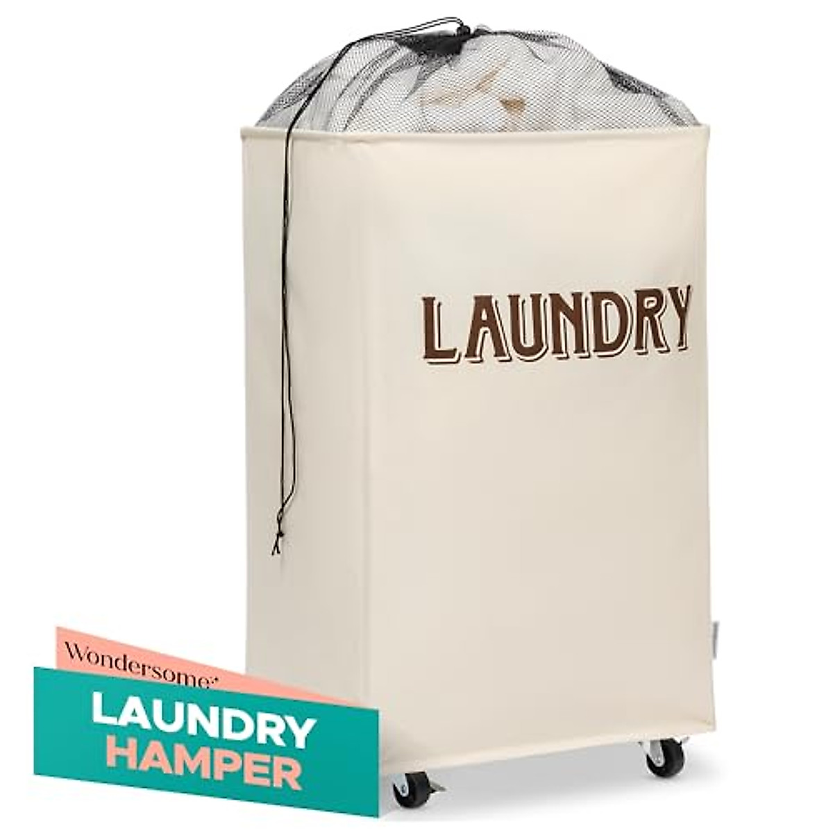 Wondersome Laundry Hamper with Wheels - Farmhouse Cream - 90-Liter Extra Large Collapsible Rolling Clothes Cart - Heavy Duty Locking Metal Wheel Tall Rectangular Canvas Storage Basket - US-Based Brand