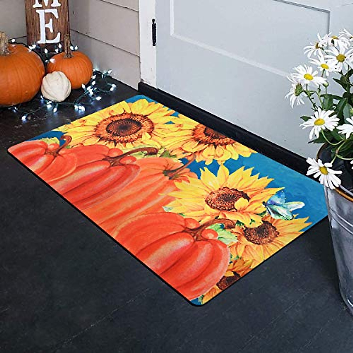 VERTKREA Thanksgiving Area Rug, Sunflower Pumpkin Mats, Autumn Floor Mats Rubber Rugs for Indoor Outdoor Entryway Kitchen Living Room Bedroom Bathroom, 18 x 29.5 Inches
