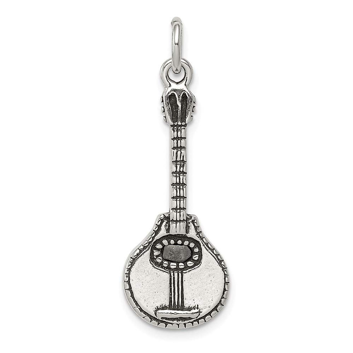 Solid 925 Sterling Silver Vintage Antiqued Mandolin Charm Pendant - 35mm x 11mm