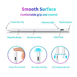 Stylus Pen, Active Stylus Pen Compatible for iOS and Android Touchscreens/Phones, Rechargeable Stylus Pen with Dual Touch Screen, Stylus Pencil for Apple/Android/Samsung Tablet, 16.5CM,White