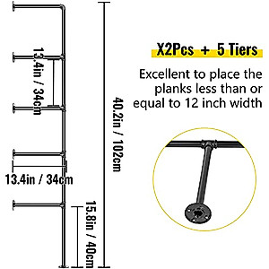 VEVOR Industrial Pipe Shelves 5-Tier Wall Mount Iron Pipe Shelves 2 PCS Pipe Shelving Vintage Black DIY Pipe Bookshelf Each Holds 44lbs Open Kitchen Shelving for Bedroom & Living Room W/Accessories