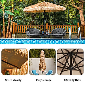 KITADIN 10FT Patio Umbrella Thatched Tiki Outdoor Umbrella with Plug Tropical Hawaiian Style Grass Beach Umbrella with Crank Lift Natural (No Base)