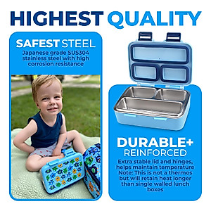 Stainless Steel Bento Box for Toddlers, Insulated Lunch Bag Water Bottle Set for Kids. Metal Snack Container for Small Children, Baby Boys, Toddler Daycare or Pre-School Lunches, Cute Blue Monster
