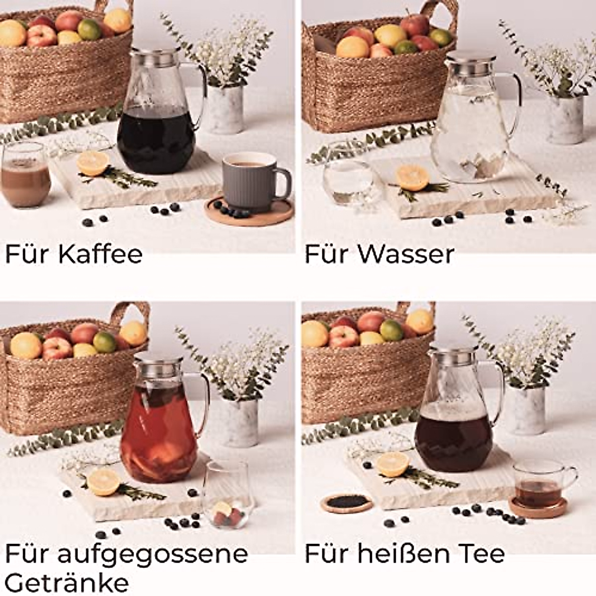 Pykal Diamond Glass Pitcher with Lid - 72 Oz - Heat Resistant Water or Juice Pitchers with Lids - Beverage Carafe for Lemonade, Iced Tea or Sangria - w/Free Brush