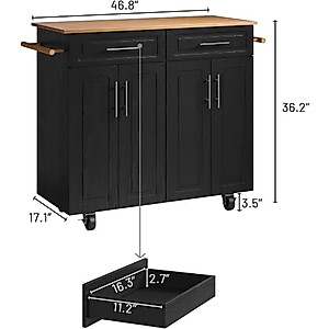 Kitchen Islands with Storage, Kitchen Carts and Islands Rolling Kitchen Island Storage Cabinets on Wheels with Drawers, Towel Rack and Shelves in Dining Room, Black