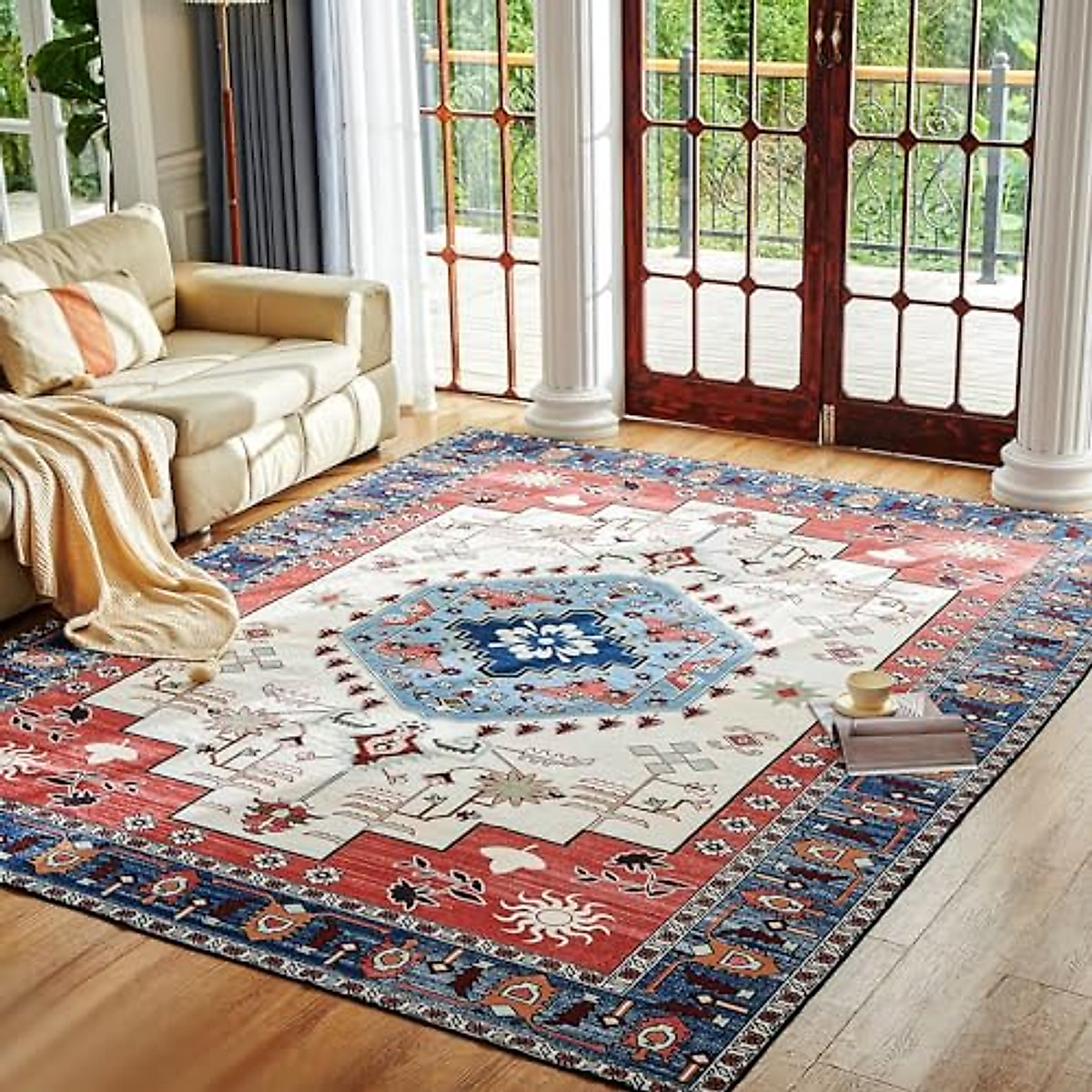 CHOSHOME Washable Rug - 5x7 Vintage Medallion Area Rugs with Non-Slip Backing Soft Stain Resistant Non-Shedding Low-Pile Floor Carpet Mat for Living Room Bedroom Kitchen Home Office,Red